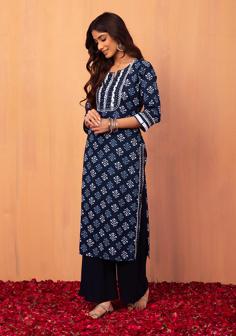 Buy Women Indigo Floral Print Embroidered Cotton Kurta - ITN05017 ...