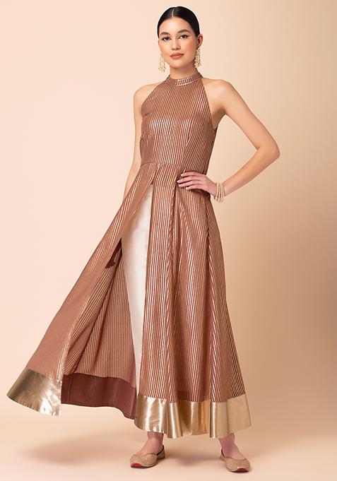 Buy Women Dusty Pink Foil Print Front Slit Kurta - ITN05028 - Kurta - Indya