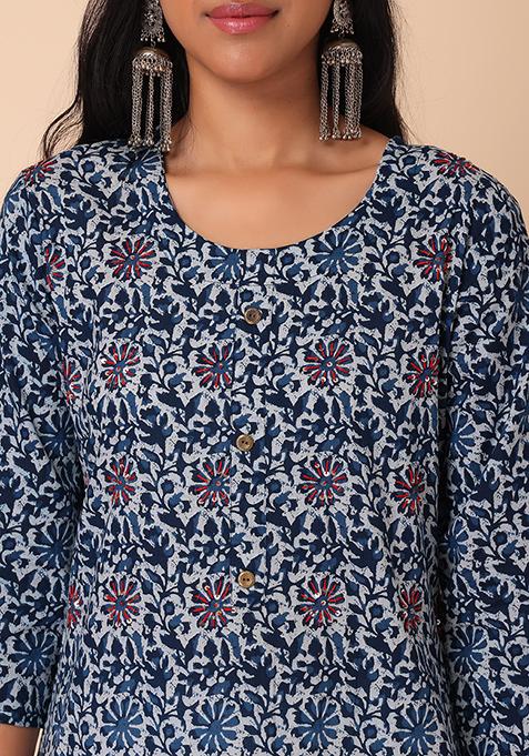 Buy Women Navy Blue Batik Print Embellished Cotton Kurta - ITN05113 ...
