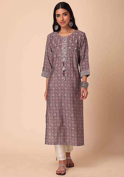 Buy Women Deep Pink Floral Print Embroidered Cotton Straight Kurta ...