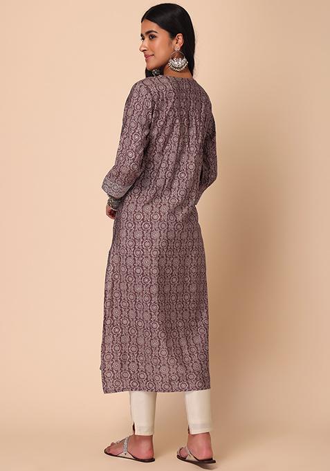Buy Women Deep Pink Floral Print Embroidered Cotton Straight Kurta ...