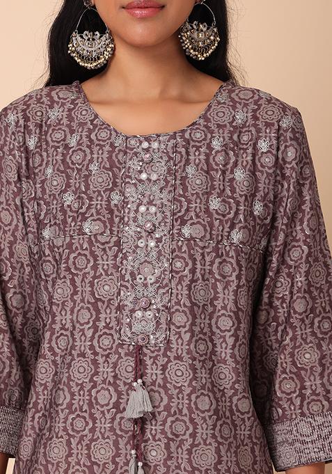 Buy Women Deep Pink Floral Print Embroidered Cotton Straight Kurta ...