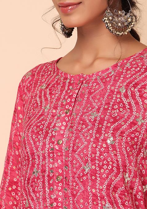 Buy Women Pink Bandhani Foil Print Gota Embroidered Straight Kurta ...