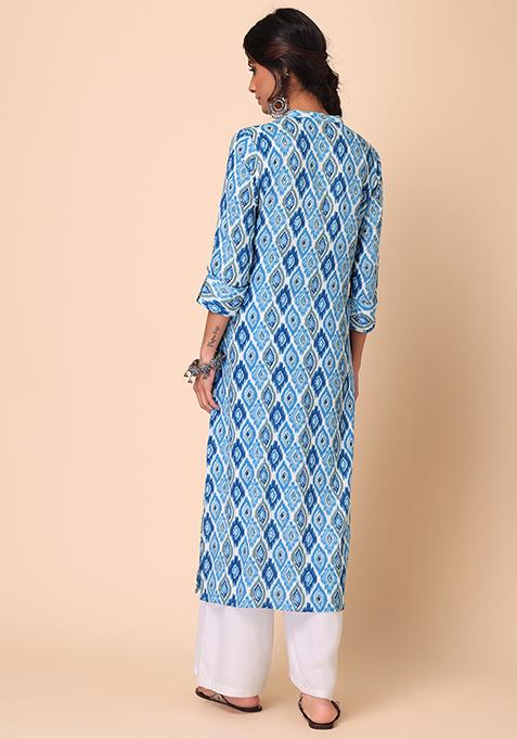 Buy Women Light Blue Abstract Print Embroidered Straight Kurta ...