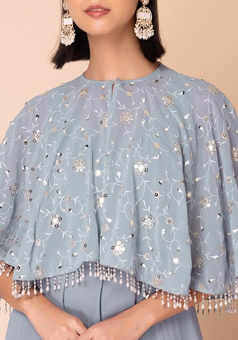 Buy Women Light Blue Flared Jumpsuit With Embroidered Cape (Set Of 2 ...