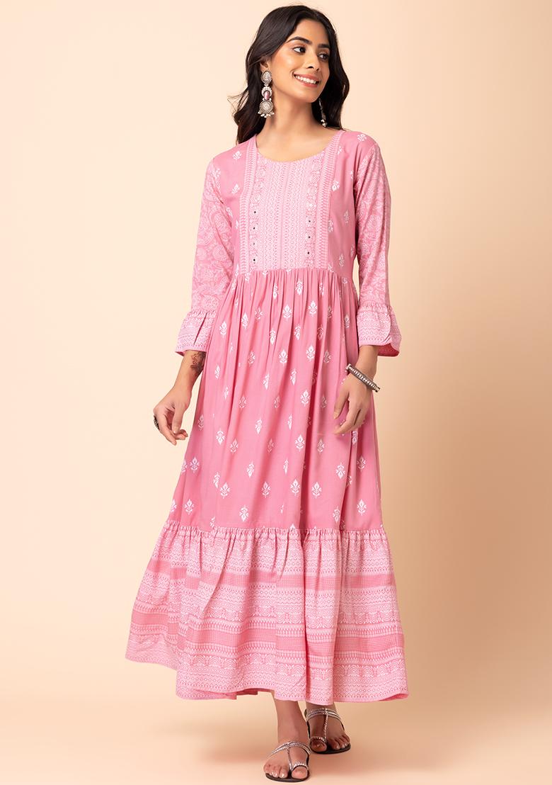 Buy Women Pink Boota Print Rayon Tiered Dress - ITN05348 - Kurta - Indya
