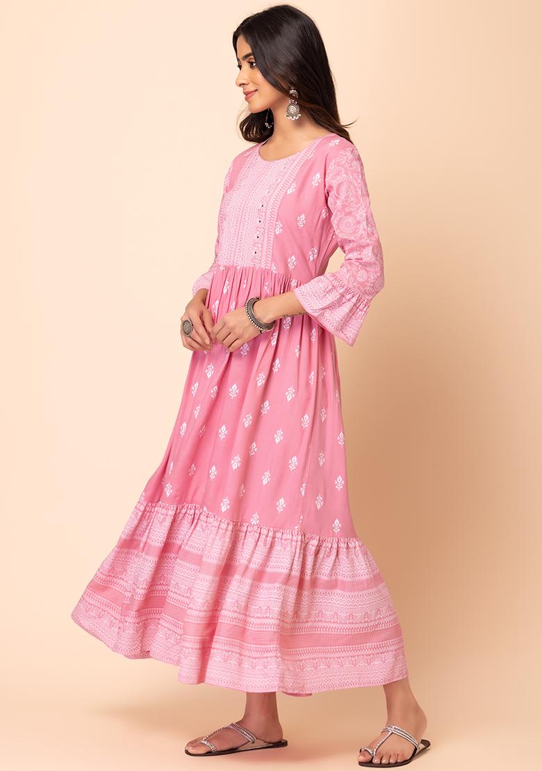 Buy Women Pink Boota Print Rayon Tiered Dress - ITN05348 - Kurta - Indya