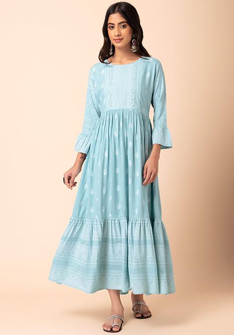 Buy Women Pastel Blue Boota Print Rayon Tiered Dress - ITN05357 - Kurta ...