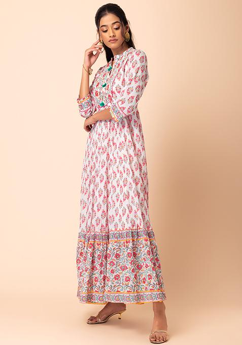 Buy Women Ivory Mughal Boota Print Cotton Dress - ITN05463 - Dresses ...