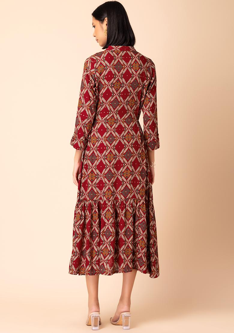 Buy Women Red Geometric Print Tiered Dress - Dresses - Indya