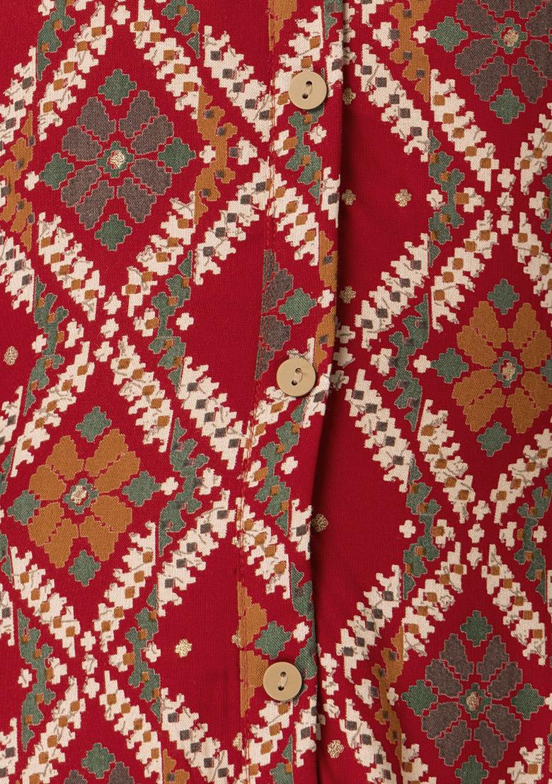 Buy Women Red Geometric Print Tiered Dress - Dresses - Indya