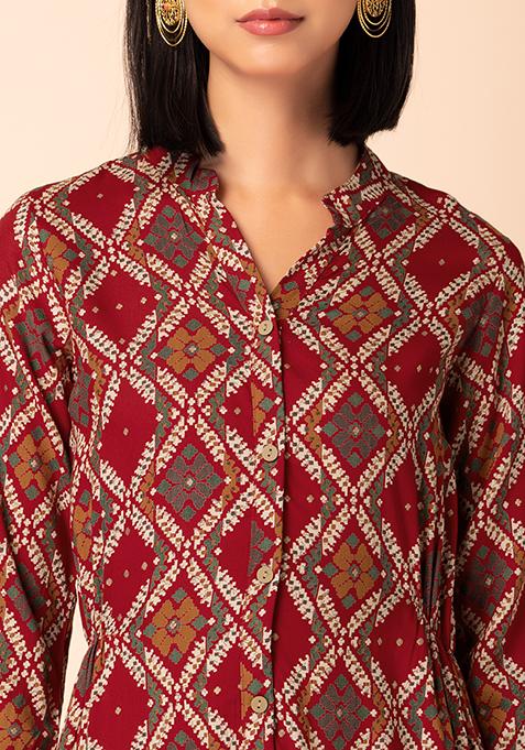 Buy Women Red Geometric Print Tiered Dress - ITN05520 - Kurta - Indya