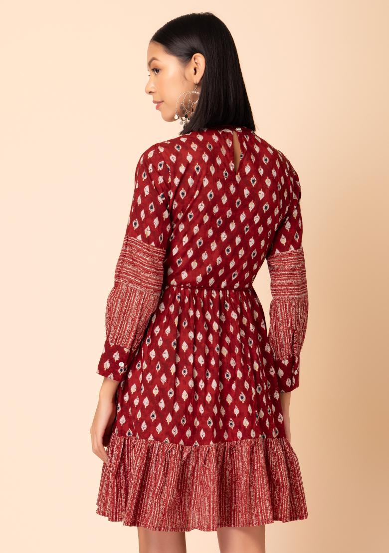 Buy Women Red Batik Print Tiered Cotton Dress - ITN05524 - Kurta - Indya