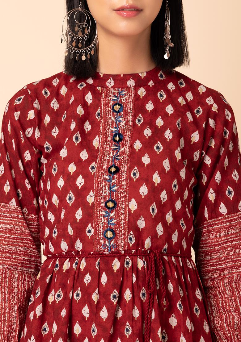 Buy Women Red Batik Print Tiered Cotton Dress - ITN05524 - Kurta - Indya