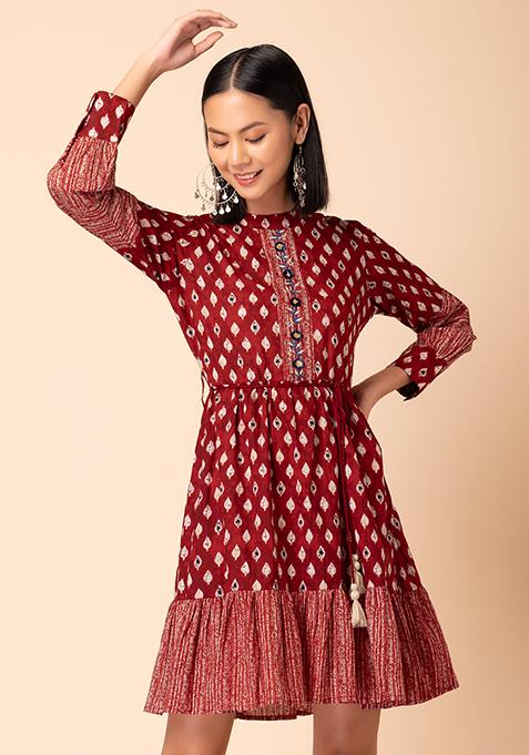 Buy Women Red Batik Print Tiered Cotton Dress - ITN05524 - Kurta - Indya