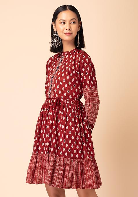 Buy Women Red Batik Print Tiered Cotton Dress - ITN05524 - Kurta - Indya