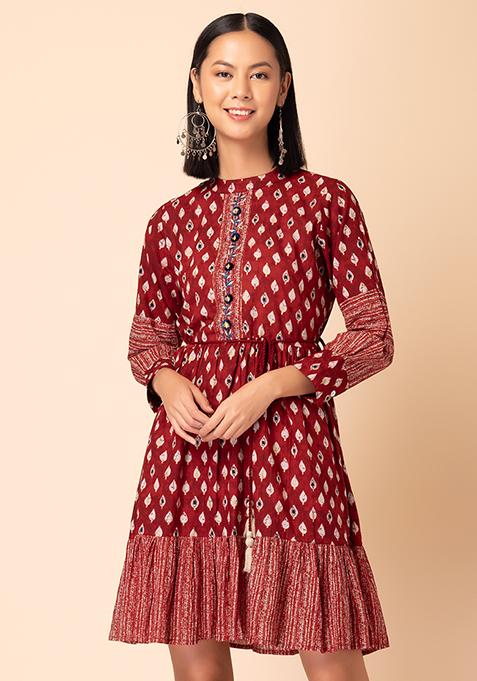Buy Women Red Batik Print Tiered Cotton Dress - ITN05524 - Kurta - Indya