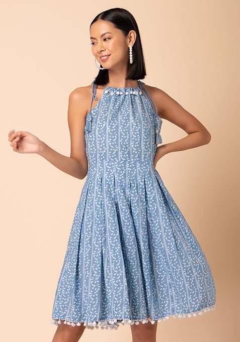 Buy Women Light Blue Batik Print Strappy Tiered Cotton Dress - ITN05529 ...