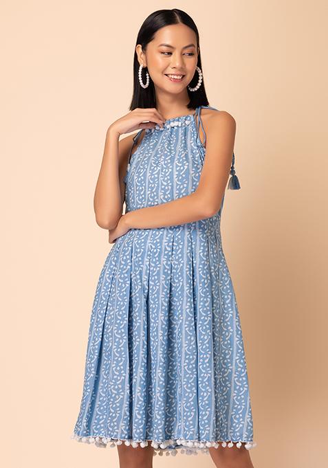 Buy Women Light Blue Batik Print Strappy Tiered Cotton Dress - ITN05529 ...