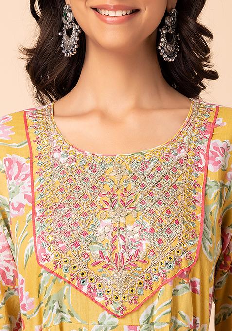 Buy Women Yellow Floral Jaal Print Embroidered Cotton Tiered Dress ...