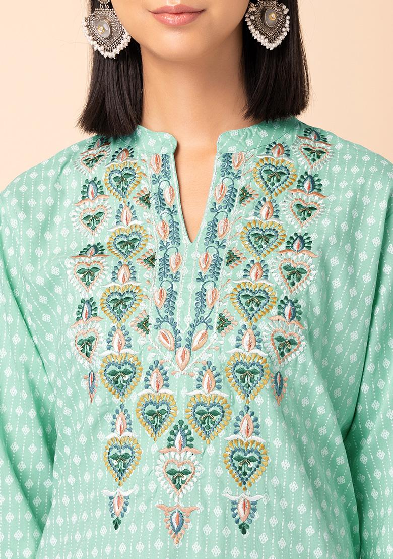 Buy Women Pastel Green Embroidered Cotton Kurta - ITN05549 - Kurtas - Indya