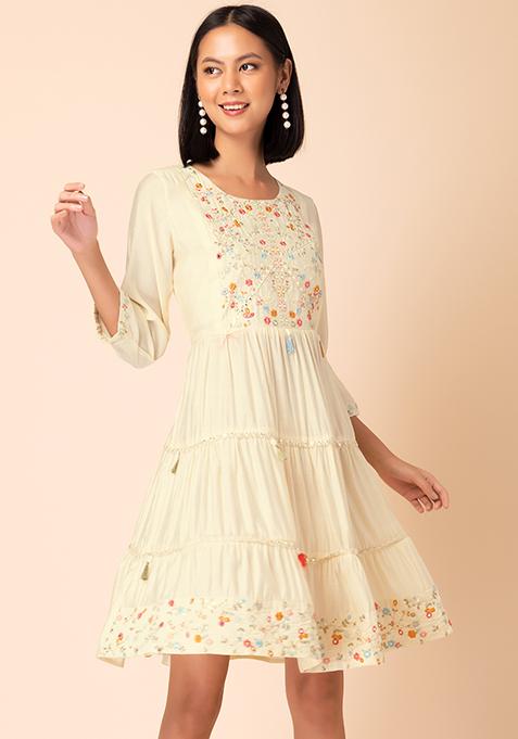 Buy Women Ivory Thread Embroidered Tiered Muslin Dress - ITN05580 ...