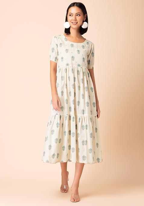 Buy Women Ivory And Blue Boota Print Cotton Tiered Dress - ITN05613 ...