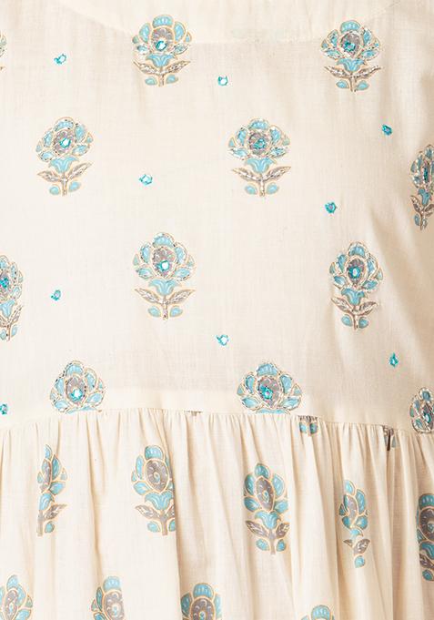 Buy Women Ivory And Blue Boota Print Cotton Tiered Dress - ITN05613 ...