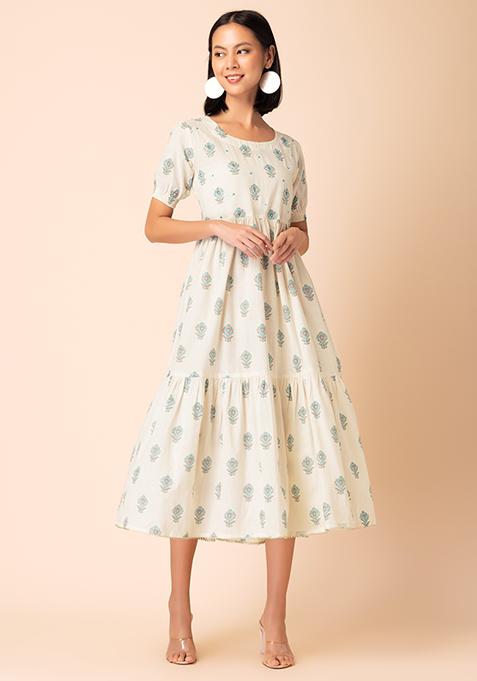 Buy Women Ivory And Blue Boota Print Cotton Tiered Dress - ITN05613 ...
