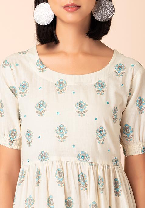 Buy Women Ivory And Blue Boota Print Cotton Tiered Dress - ITN05613 ...