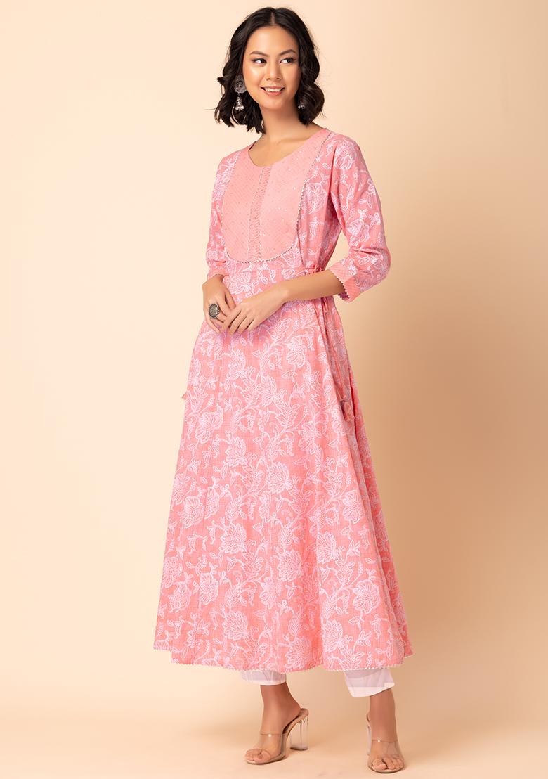 Buy Women Peach Floral Jaal Print Cotton Dress - ITN05632 - Kurta - Indya