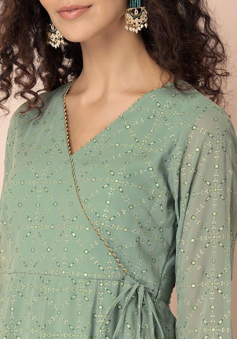 Buy Women Sage Green Foil Print Angrakha Kurta - ITN05955 - Kurtas - Indya