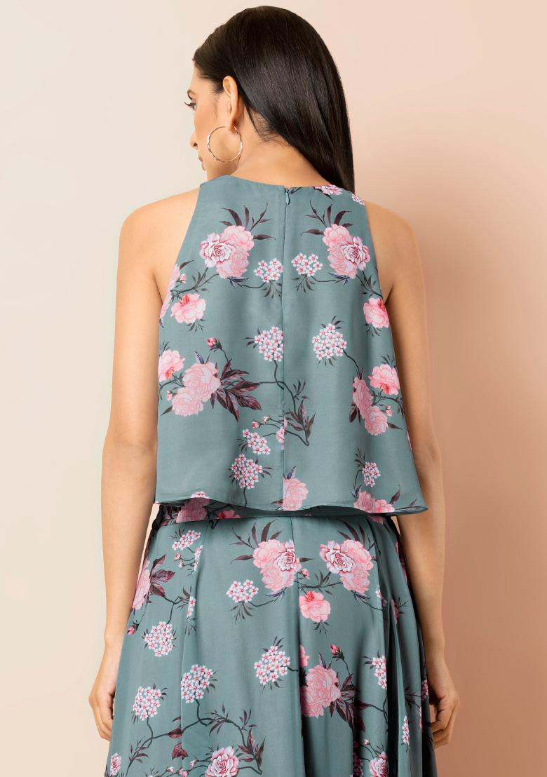 Buy Women Grey Floral Flared Halter Top - ITP00647 - RTW - Indya