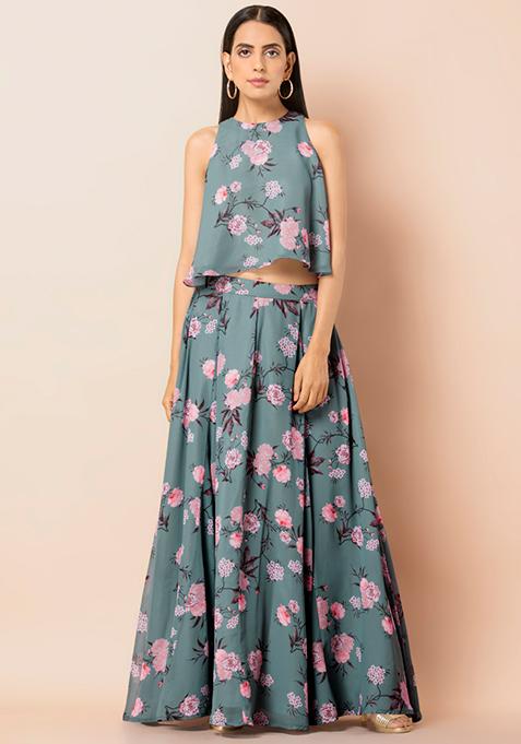 Buy Women Grey Floral Flared Halter Top - ITP00647 - RTW - Indya