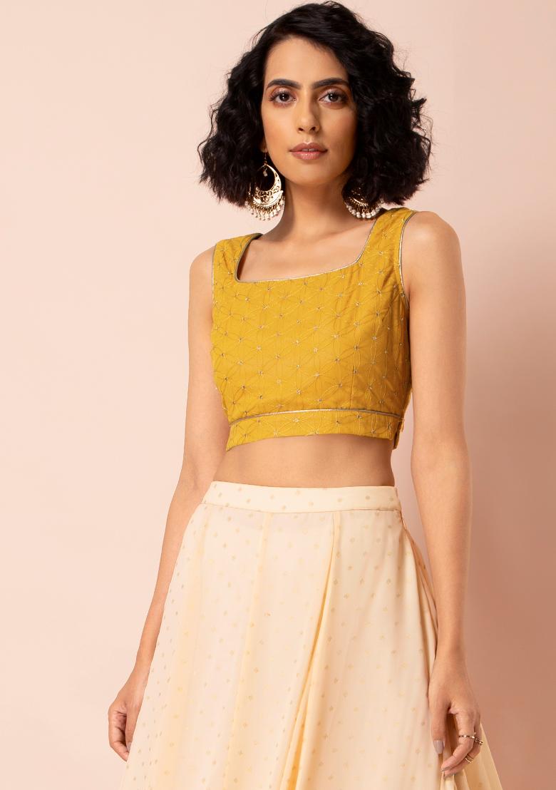 Buy Women Mustard Embroidered Side Slit Crop Top - ITP00883 - Haldi ...