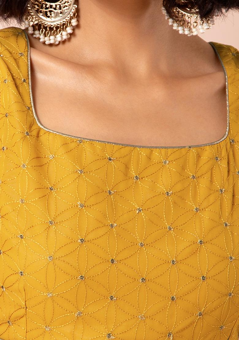 Buy Women Mustard Embroidered Side Slit Crop Top - ITP00883 - Haldi ...