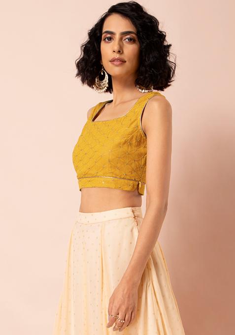 Buy Women Mustard Embroidered Side Slit Crop Top - ITP00883 - Haldi ...