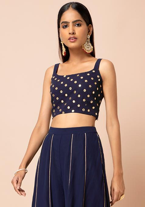 Buy Women Navy Mirror Work Strappy Crop Top - ITP00885 - Haldi ...