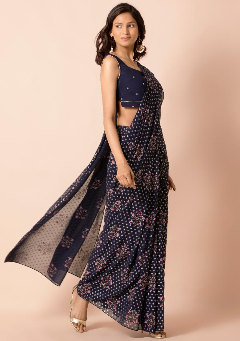 Buy Women Navy Mukaish Side Slit Crop Top - ITP00900 - RTW - Indya