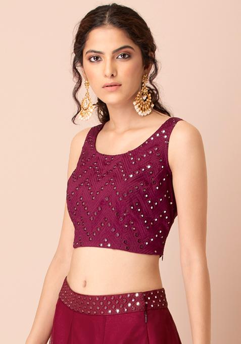 Buy Women Wine Mirror Work Crop Top - ITP00988 - RTW - Indya