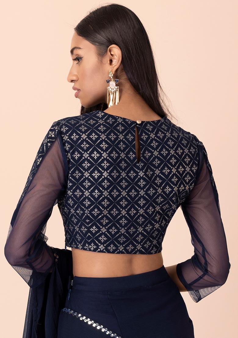 Buy Women Navy Foil Mesh Sleeve Crop Top - ITP01025 - Tops And Blouses ...