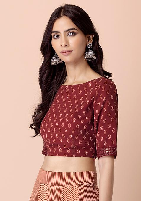 Buy Women Maroon Floral Print Crew Neck Blouse - ITP01158 - RTW - Indya