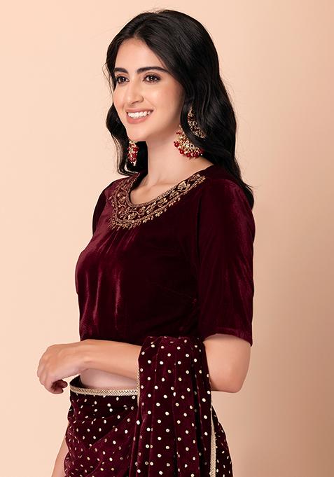 Buy Women Maroon Embroidered Velvet Blouse - ITP01227 - RTW - Indya