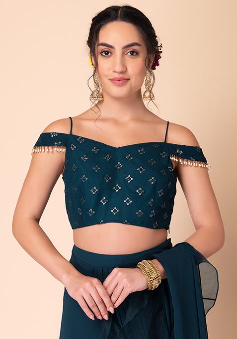 Buy Women Teal Blue Sequin Embroidered Strappy Blouse - ITP01270 - Tops ...