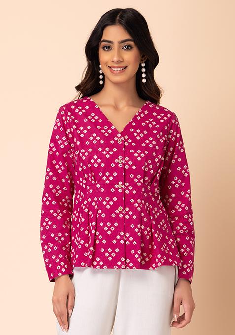 Buy Women Pink Bandhani Print Cotton Shirt - ITP01293 - RTW - Indya
