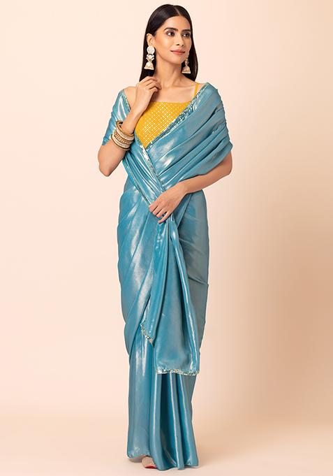 Buy Women Turquoise Blue Saree With Contrast Unstitched Blouse ...
