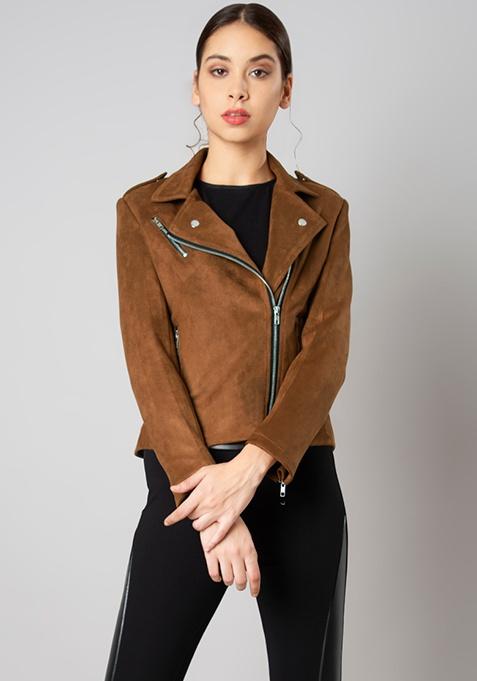 Buy Women Tan Faux Suede Biker Jacket Winterwear Online India Faballey
