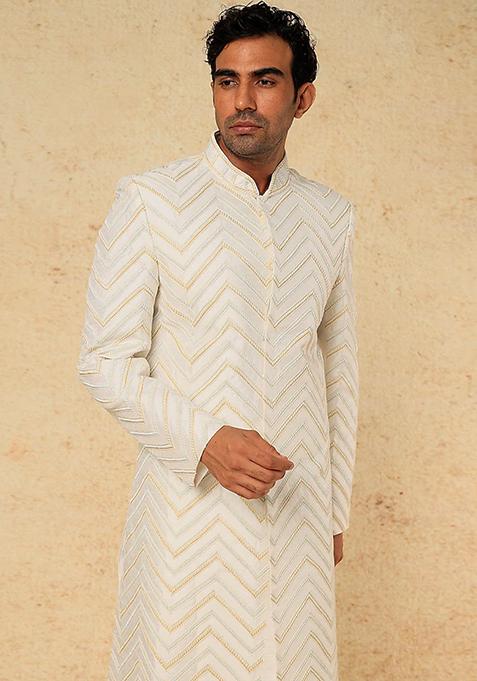 Buy Off White Chevron Embroidered Sherwani Set For Men - MBS00029 ...