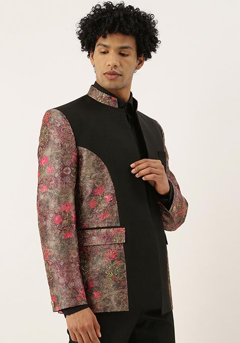 Buy Black And Pink Floral Embroidered Open Jacket For Men - MBS00040 ...