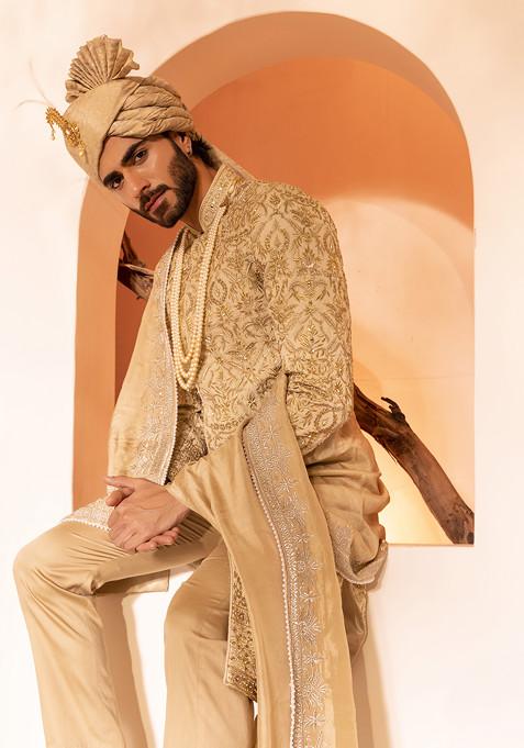 Buy Golden Hand Embroidered Nawab Sherwani Set For Men - MBS00079 ...